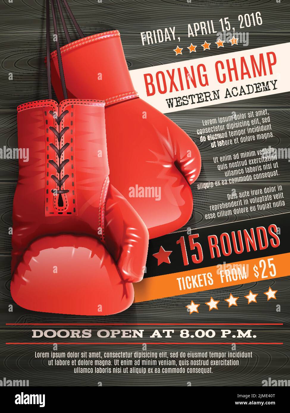 Boxing champ poster with realistic red gloves on wooden background ...