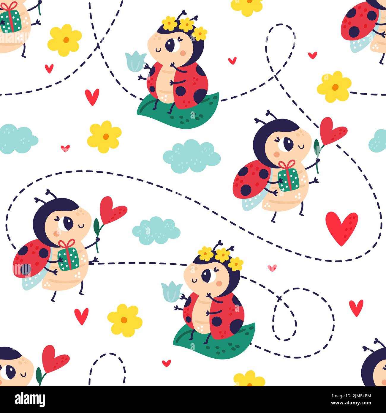Cartoon ladybug seamless pattern. Beetle characters with hearts ...