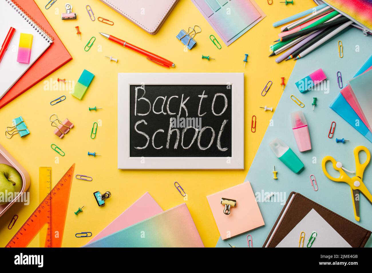 Back to school concept, flat lay, yellow and blue Stock Photo - Alamy