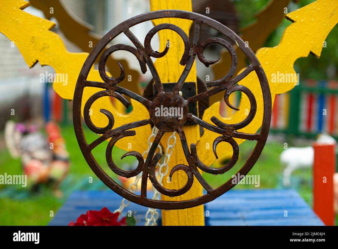 Spindle wheel. Metal circle. Round wrought iron. Well handle Stock ...