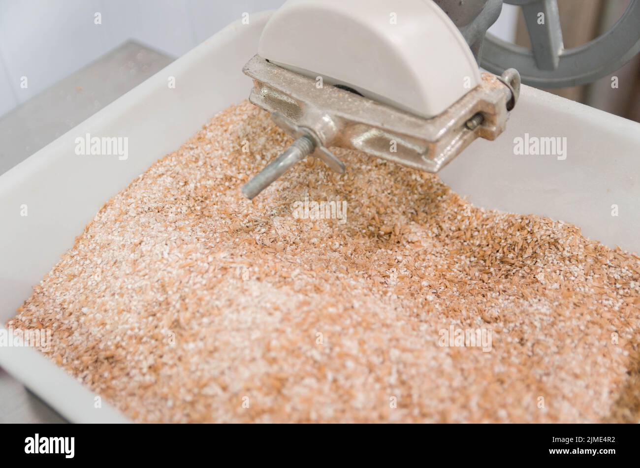 Traditional homebrewing malt grinder, grinding pilsen malt Stock Photo ...