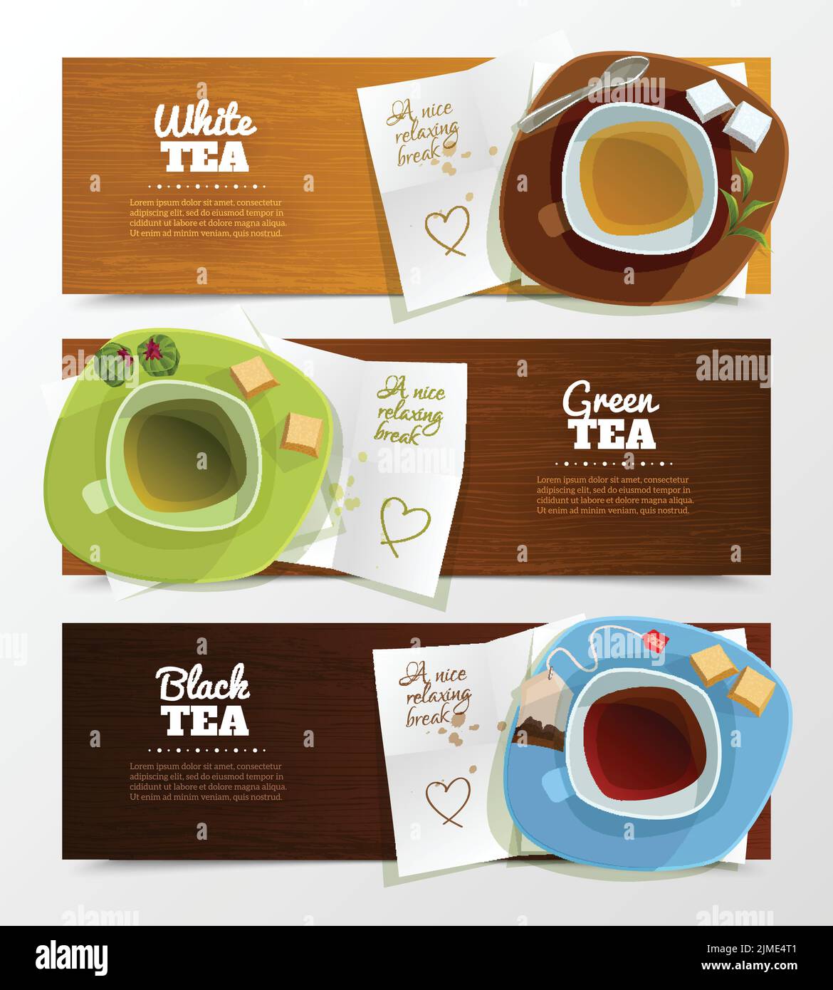 Set of three horizontal tea banners with top viewed caps on saucers ...