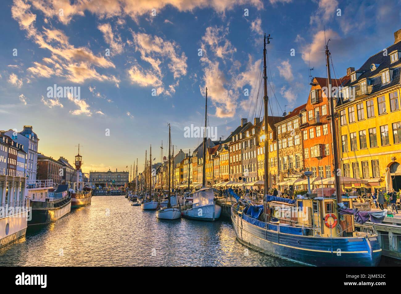 Copenhagen Denmark, sunset city skyline at Nyhavn harbour with ...