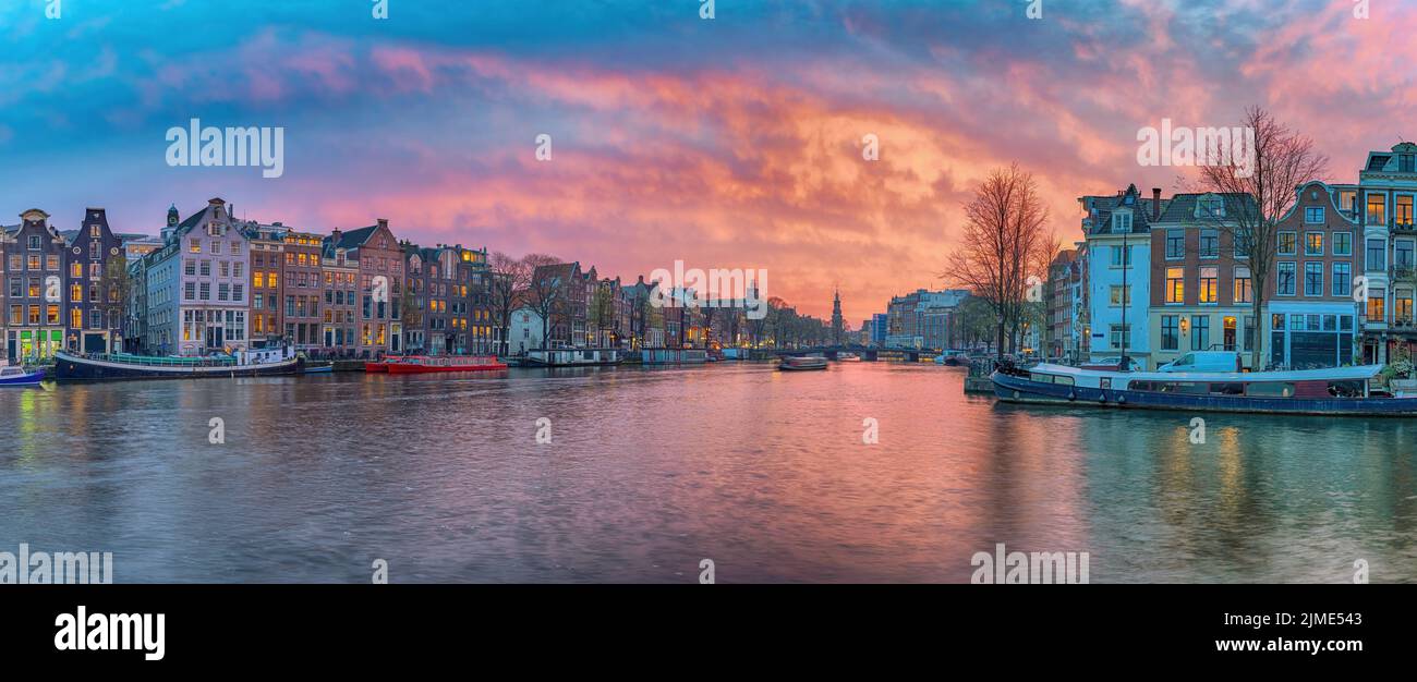 Amsterdam Netherlands, sunset panorama city skyline of Dutch house at ...