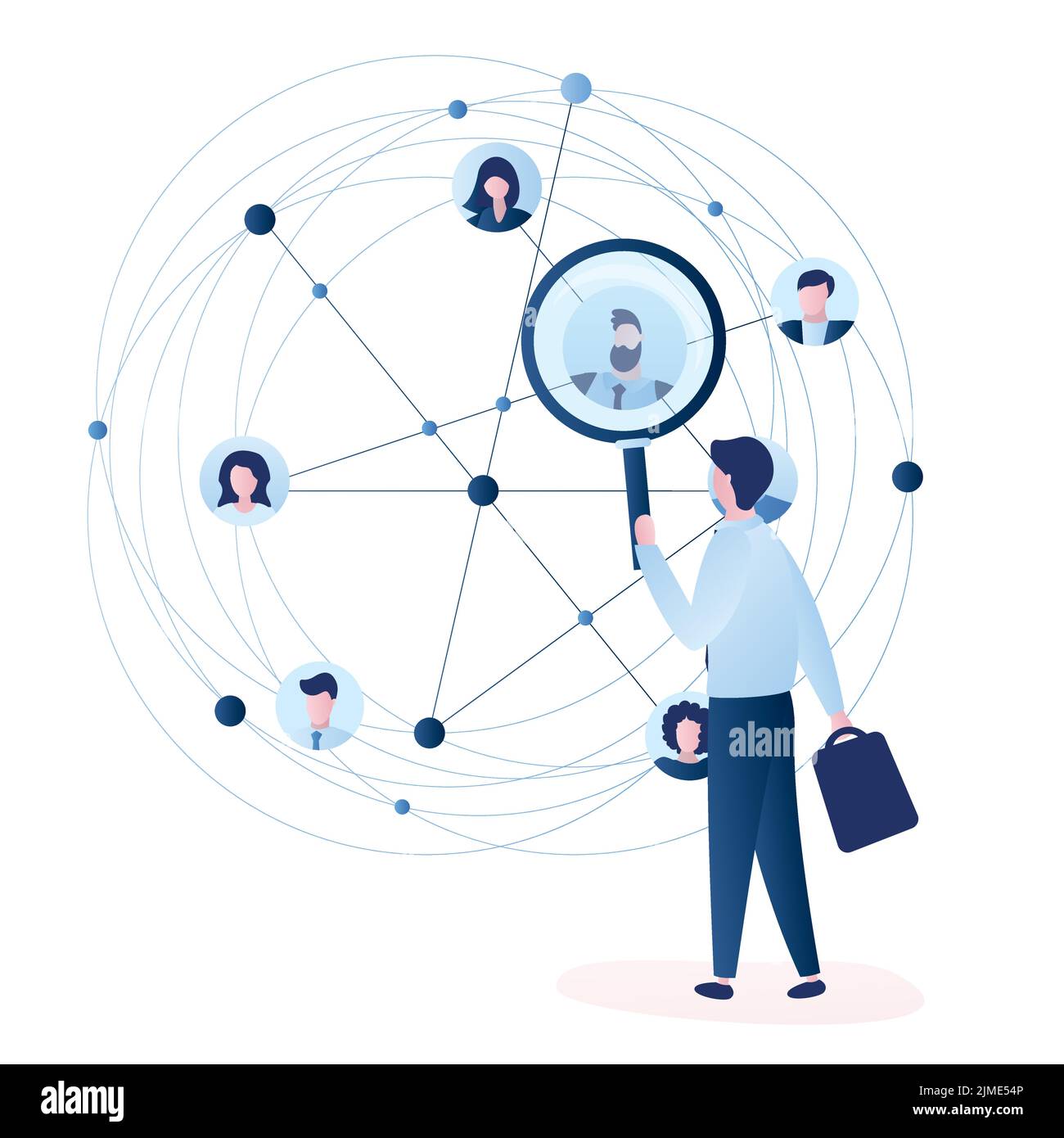 Businessman using magnifying glass for search business contacts and ...