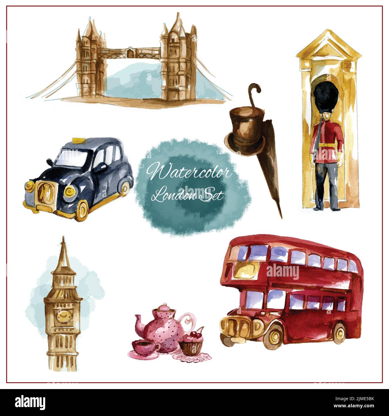 Watercolor london set with red telephone booth bus tower bridge ...