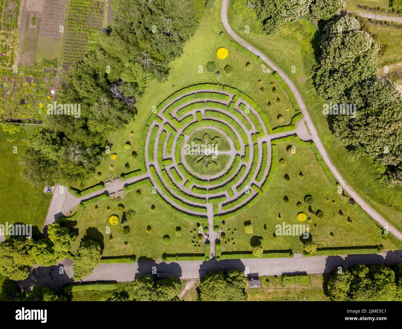 Aerial view of labyrinth, roads and trees at botanical garden Stock ...