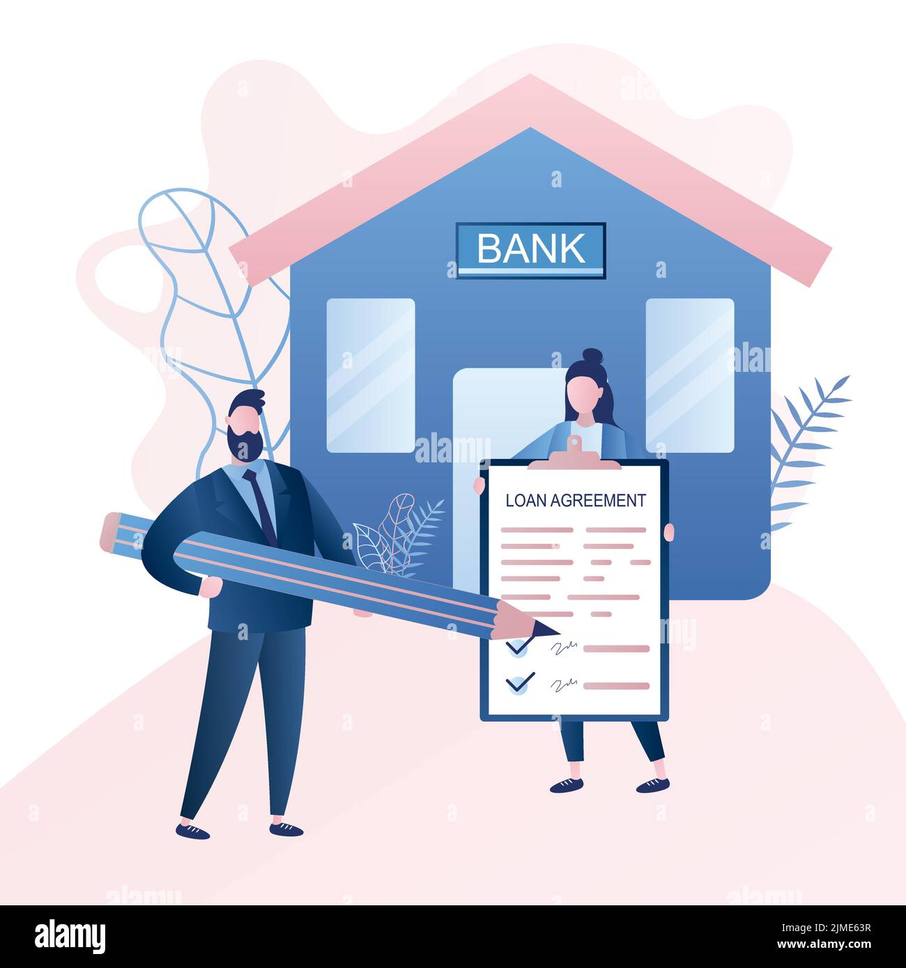 Bank manager with big pencil and businesswoman with loan agreement ...