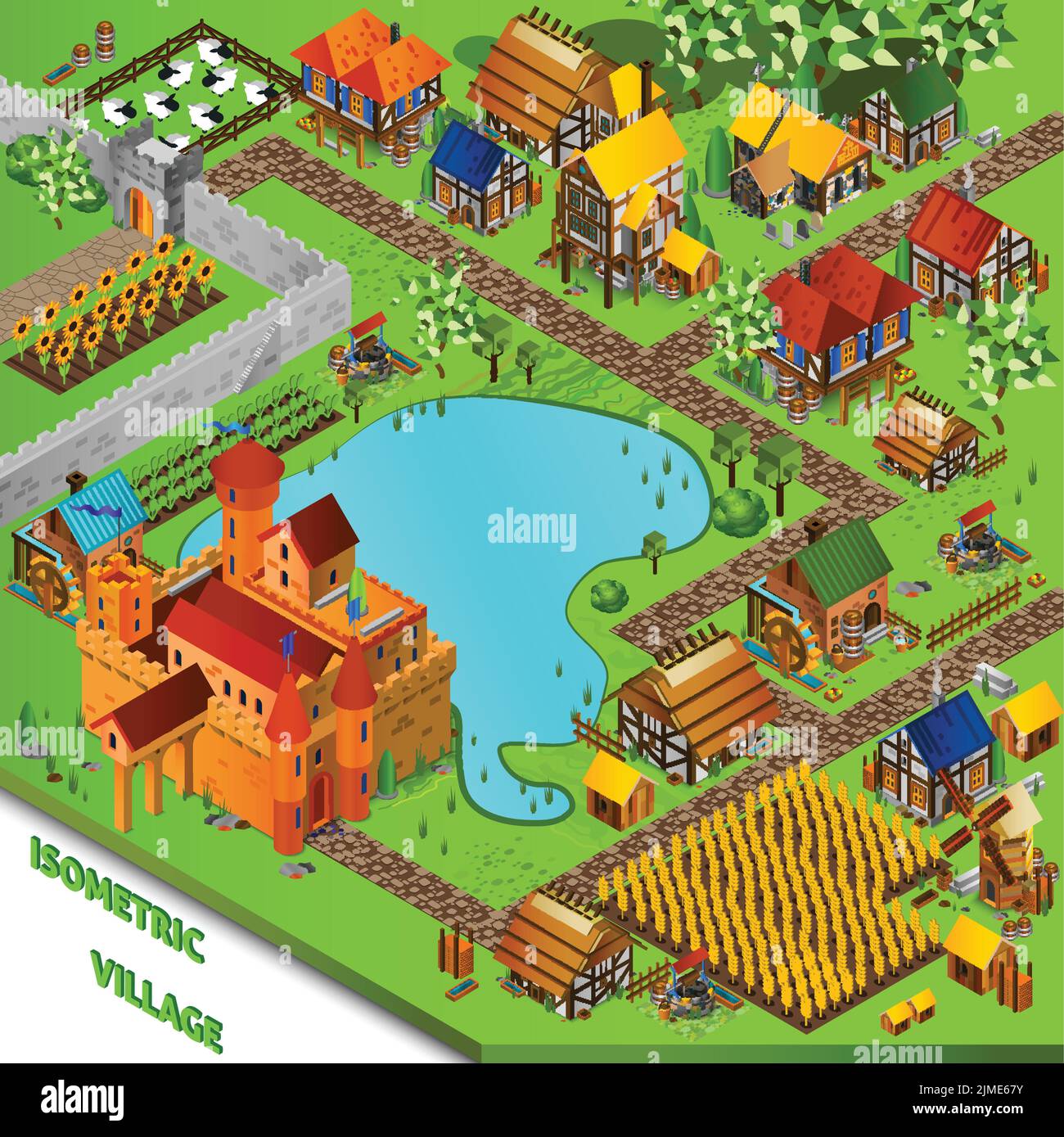 Medieval village with castle houses cattle and fields isometric vector ...