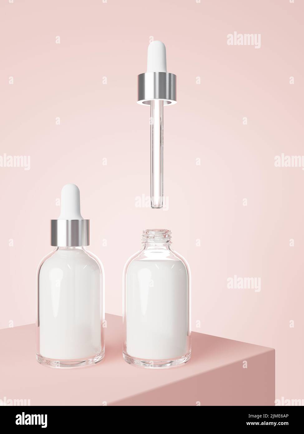 Cosmetic serum dropper bottles on podium with pastel pink background 3D ...