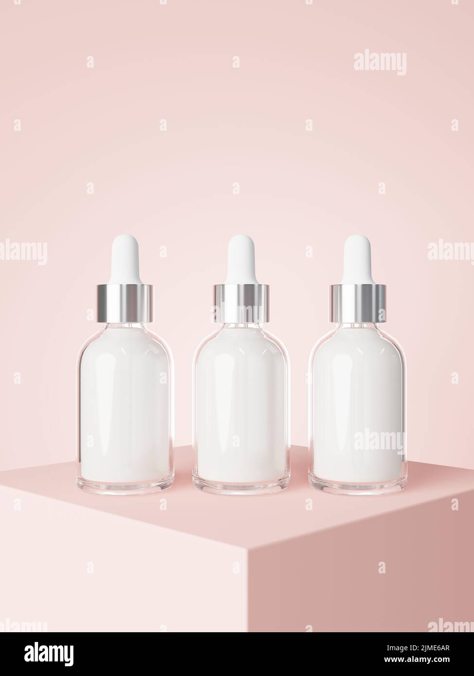 Cosmetic serum dropper bottles on podium with pastel pink background 3D ...