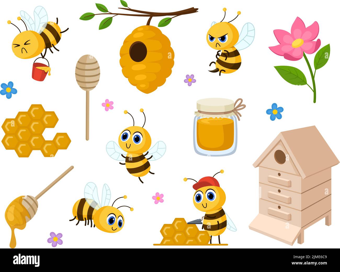 Cartoon bee and honey isolated sweet characters for child. Honeycomb ...