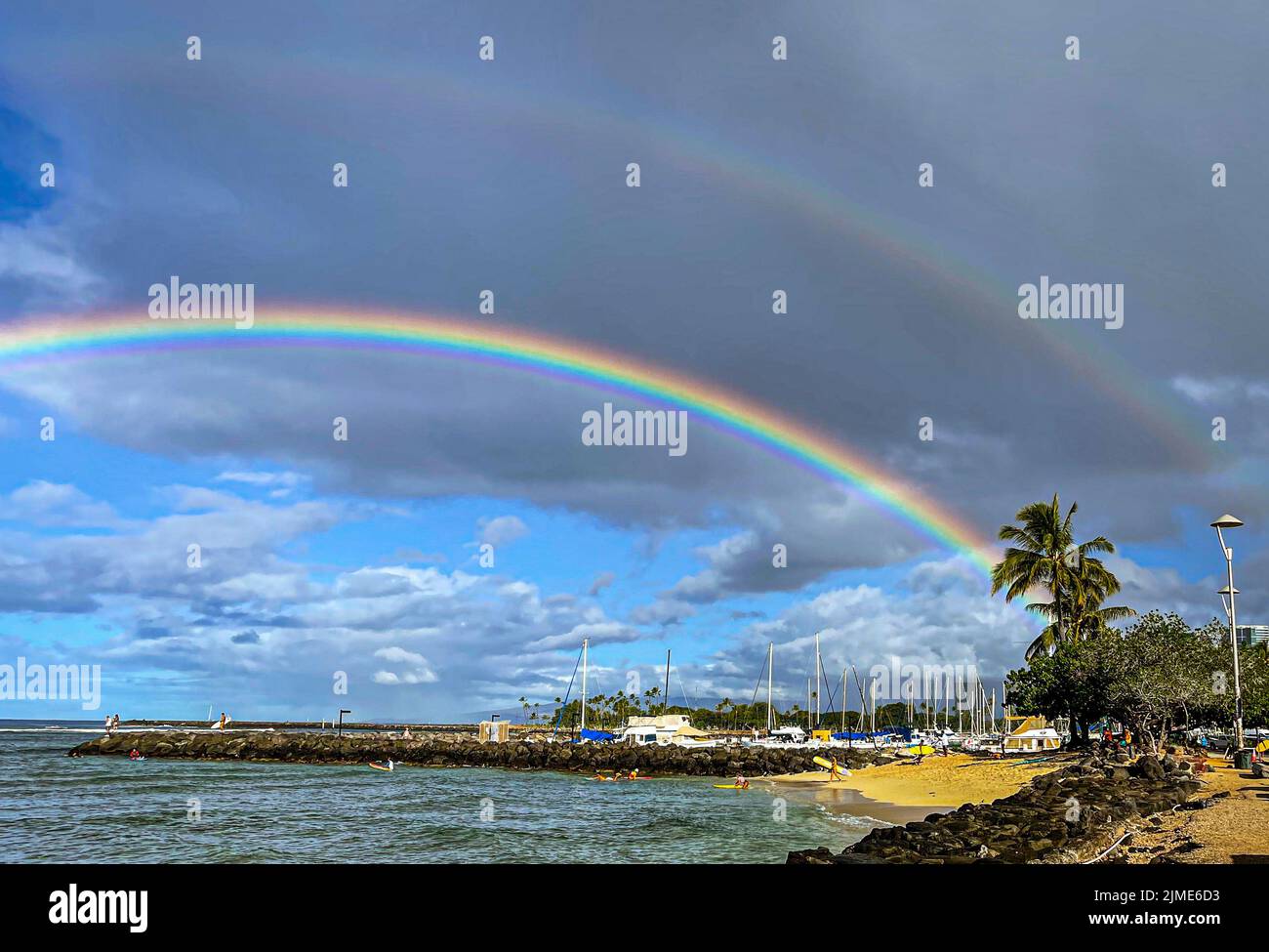 Honolulu, Hawaii - Nov 6, 2021-Double rainbow over beach in Oahu ...