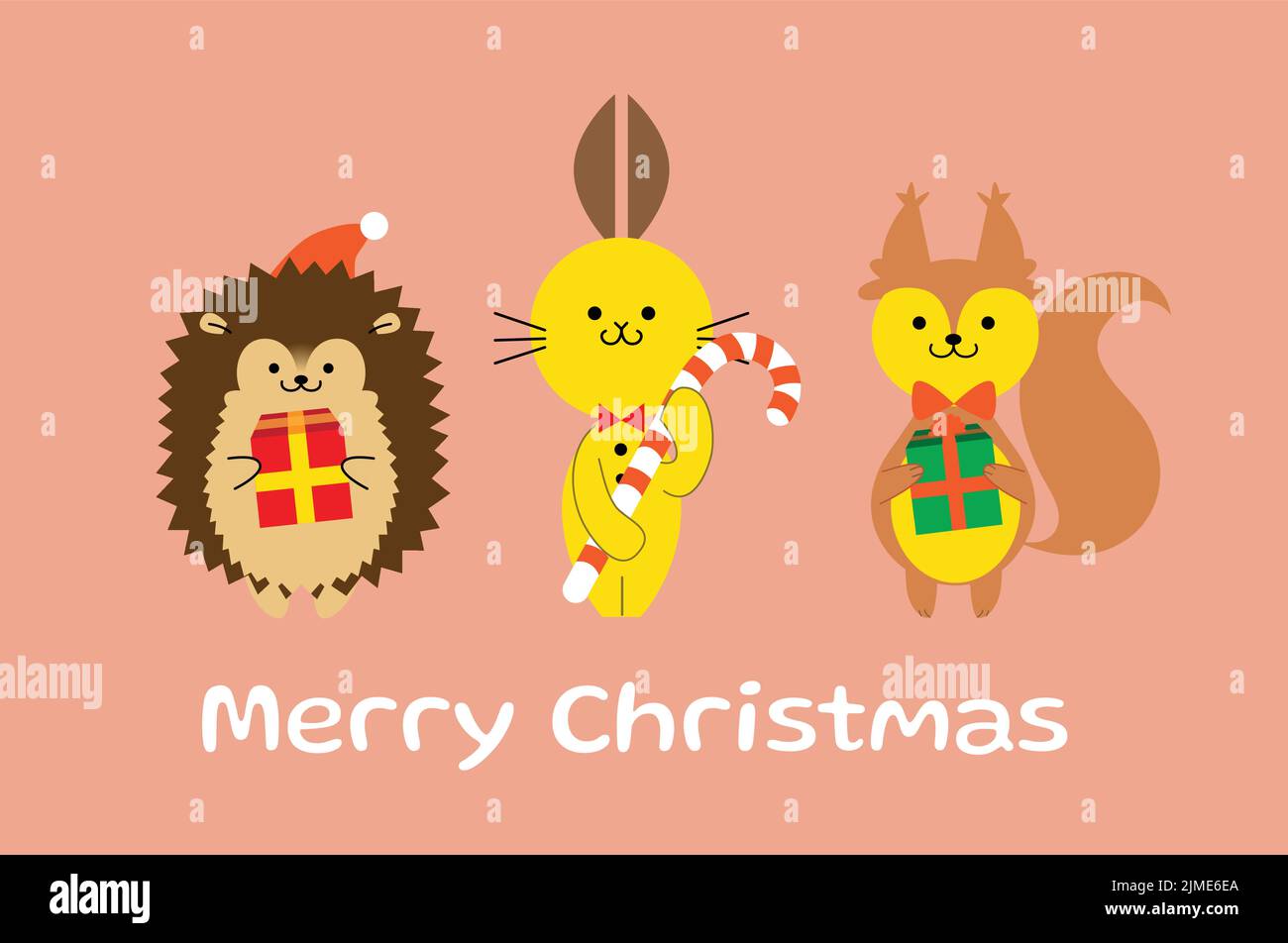 Christmas vector card, three cute animals holding gifts and candies ...