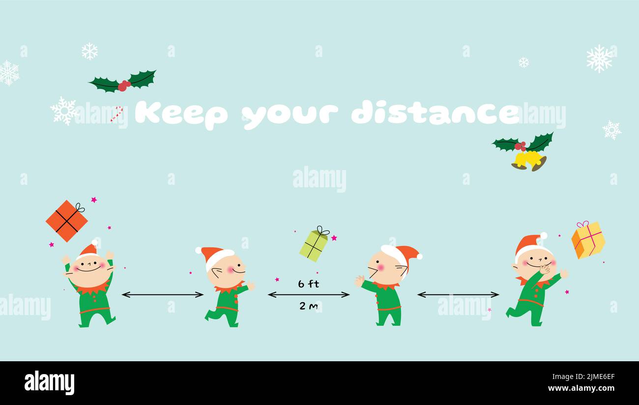 Social distancing during december. Christmas card with elves and gifts ...
