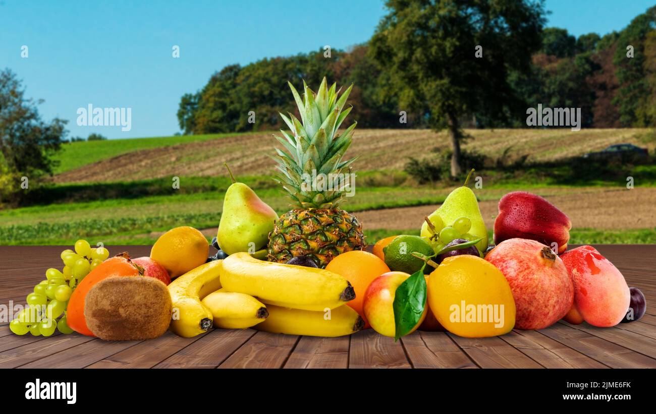 Composition Of Fruits. delicious ripe fruits on table Stock Photo - Alamy