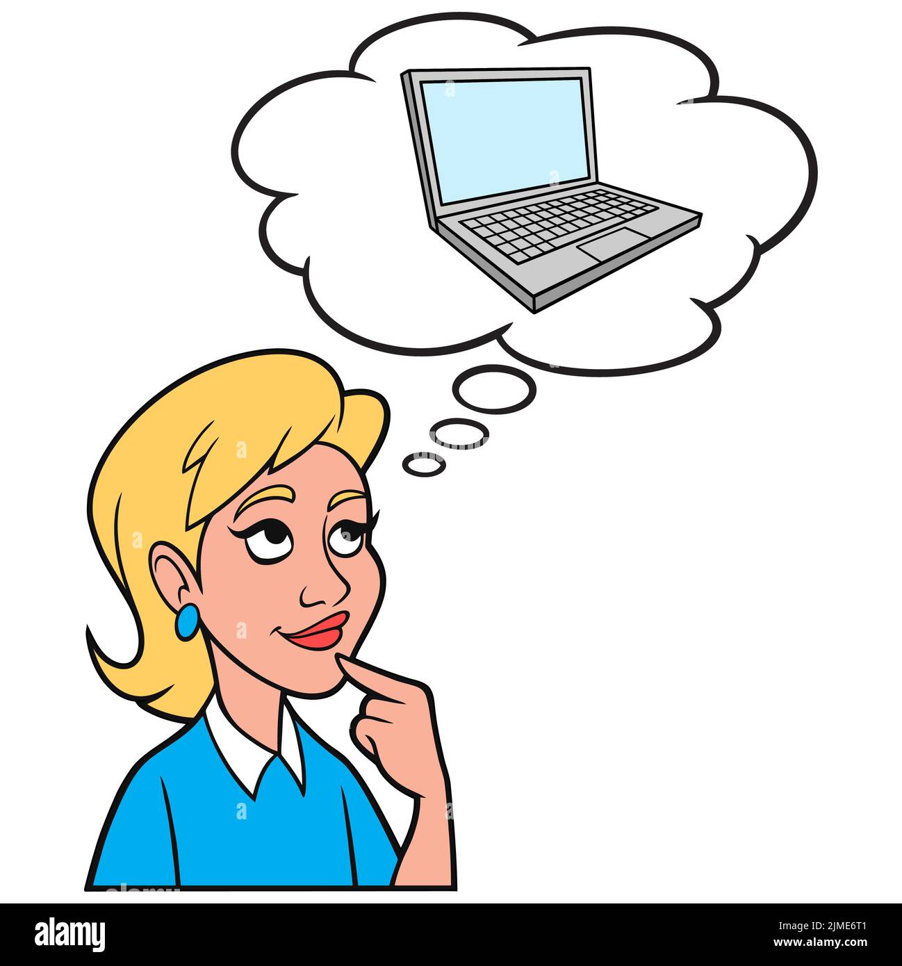 Girl thinking about a Laptop Computer - A cartoon illustration of a ...