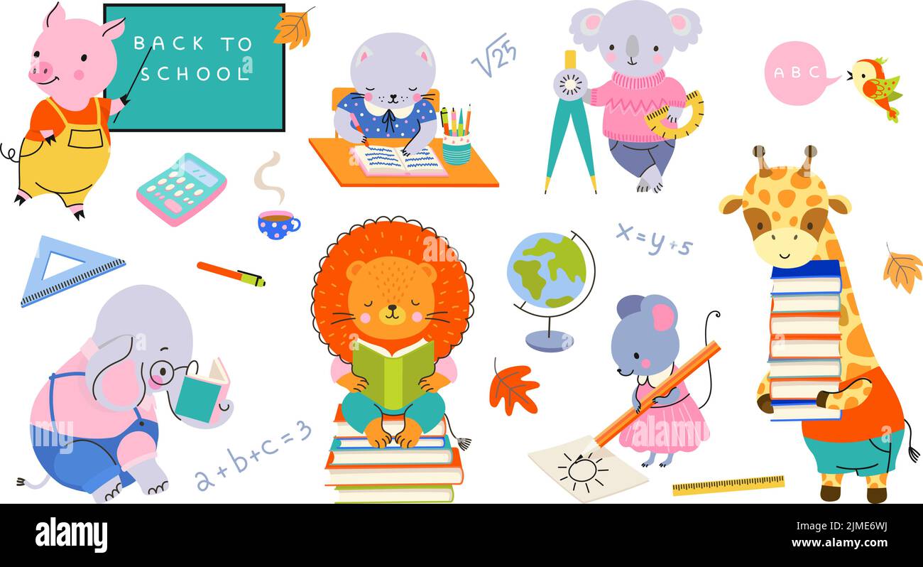 Back to school animal. Animals writing, elephant reading book ...