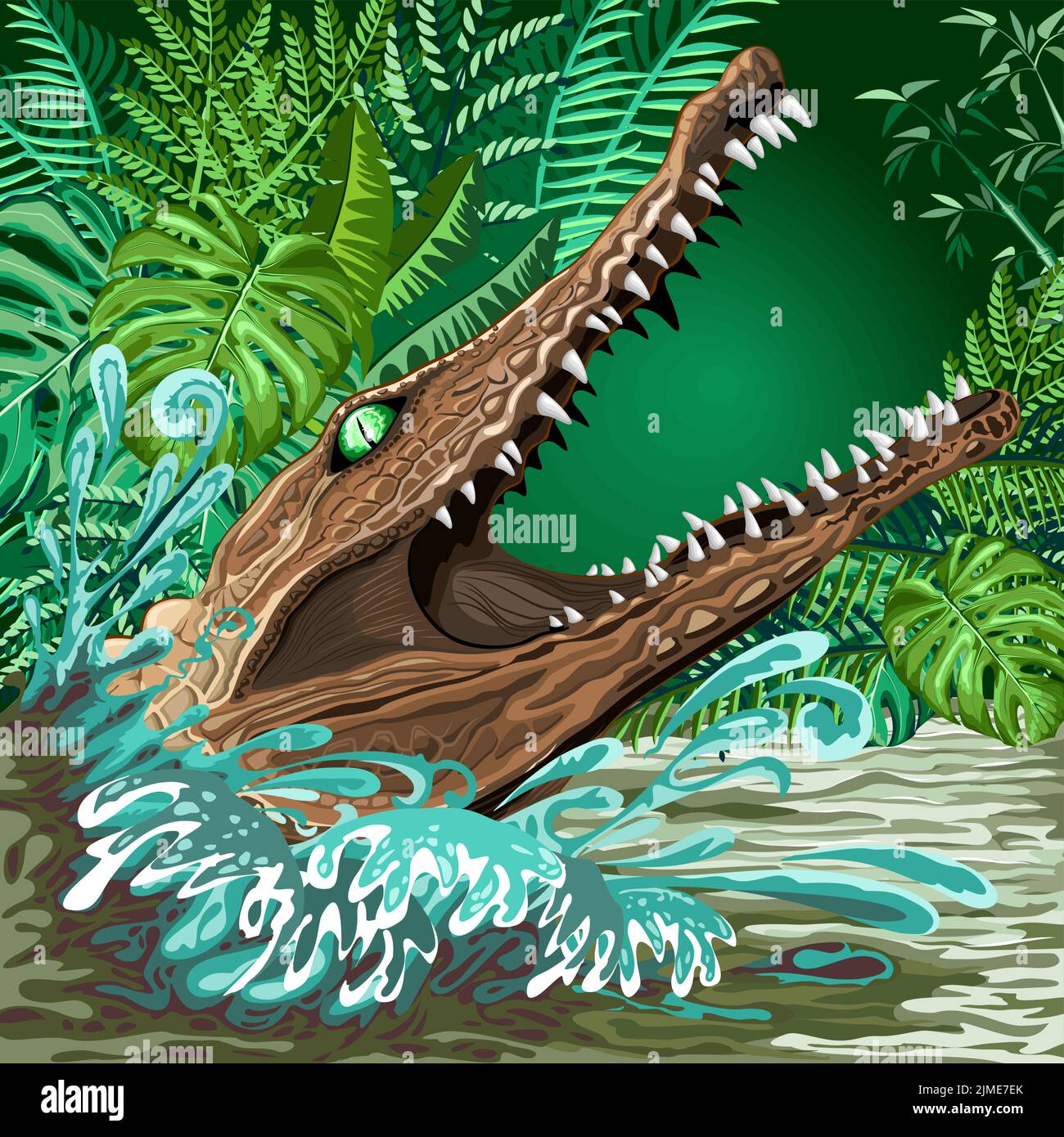 A vector design on an alligator attack coming out from the rain-forest ...