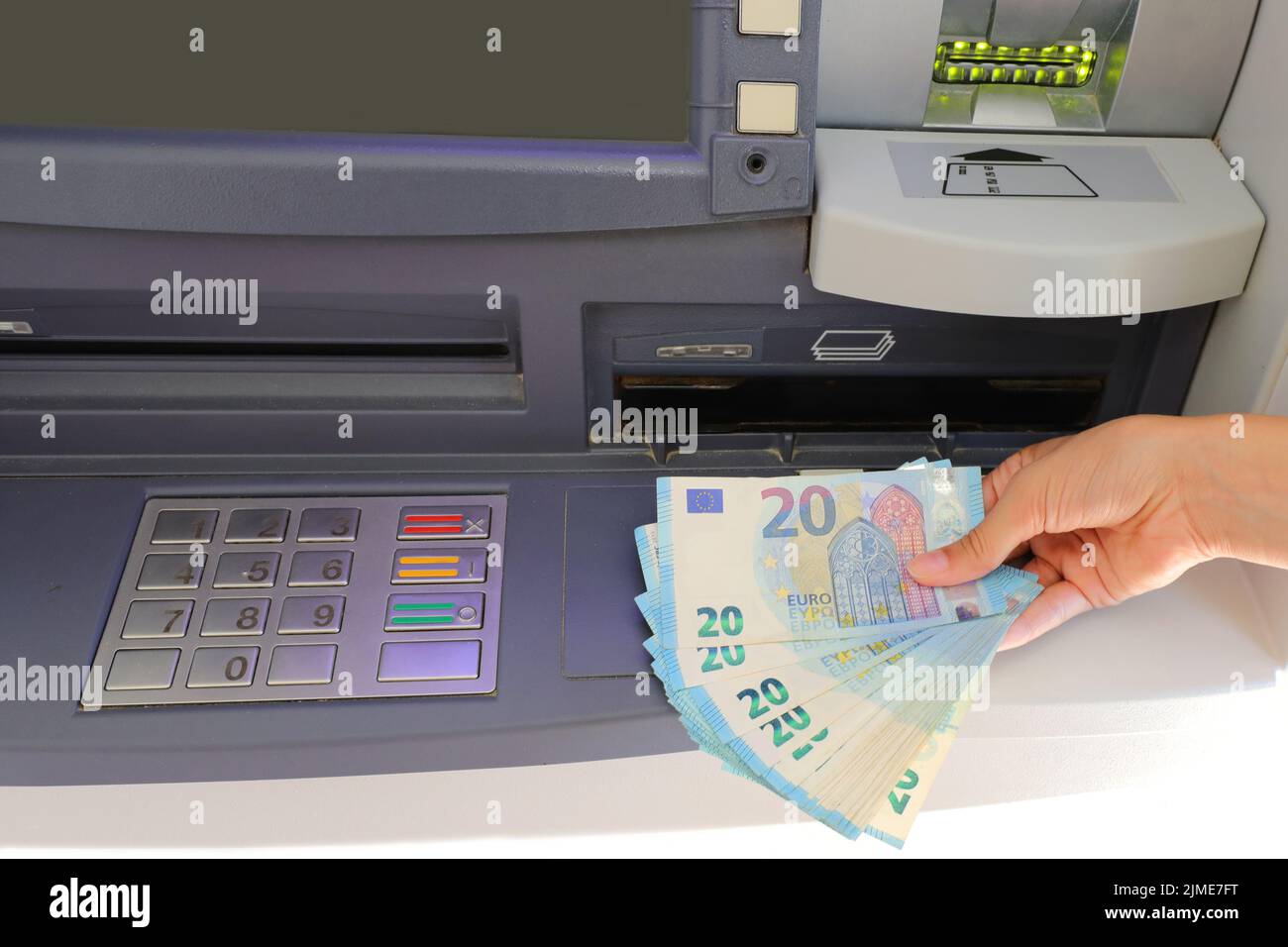 European Euros 20 banknotes at the ATM and the numeric keypad Stock ...
