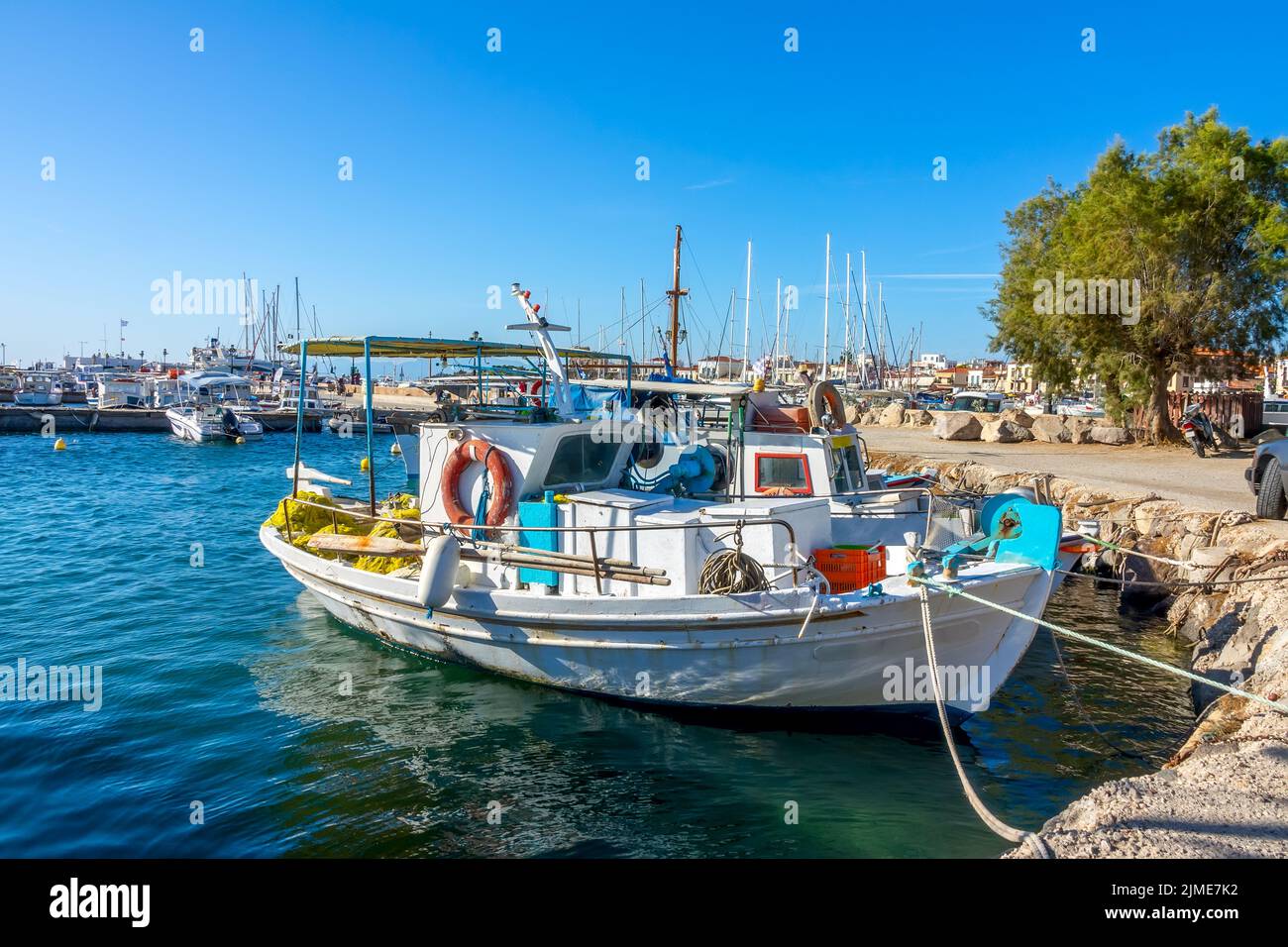 Old Fishing Boat in Greek Marina Stock Photo - Alamy