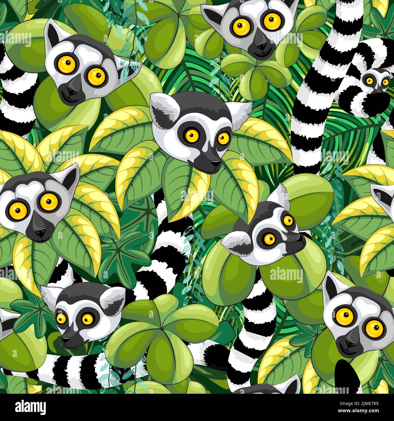 A Vector design of Lemurs of Madagascar in Rainforest with green leaves ...