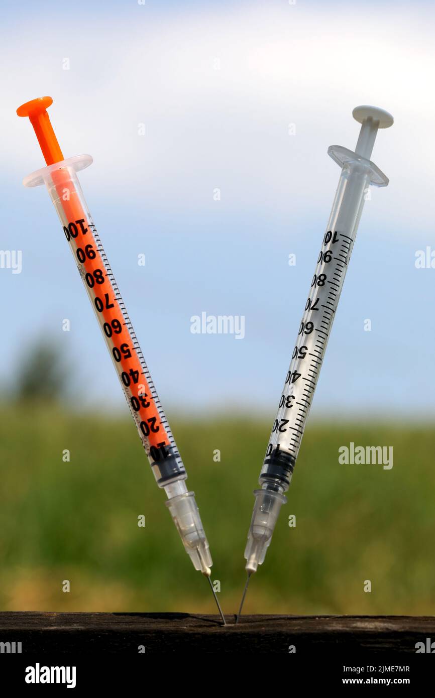 two abandoned syringes used by drug addicts to inject drugs Stock Photo ...