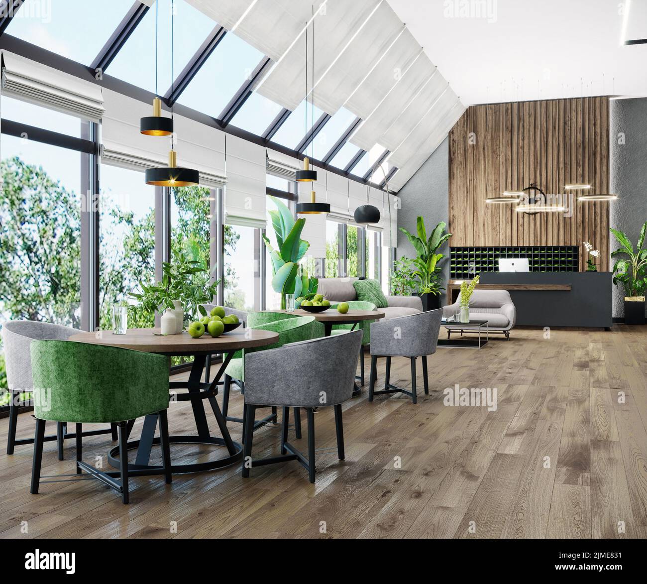 Modern bright lobby interior with panoramic windows, dinning tables ...