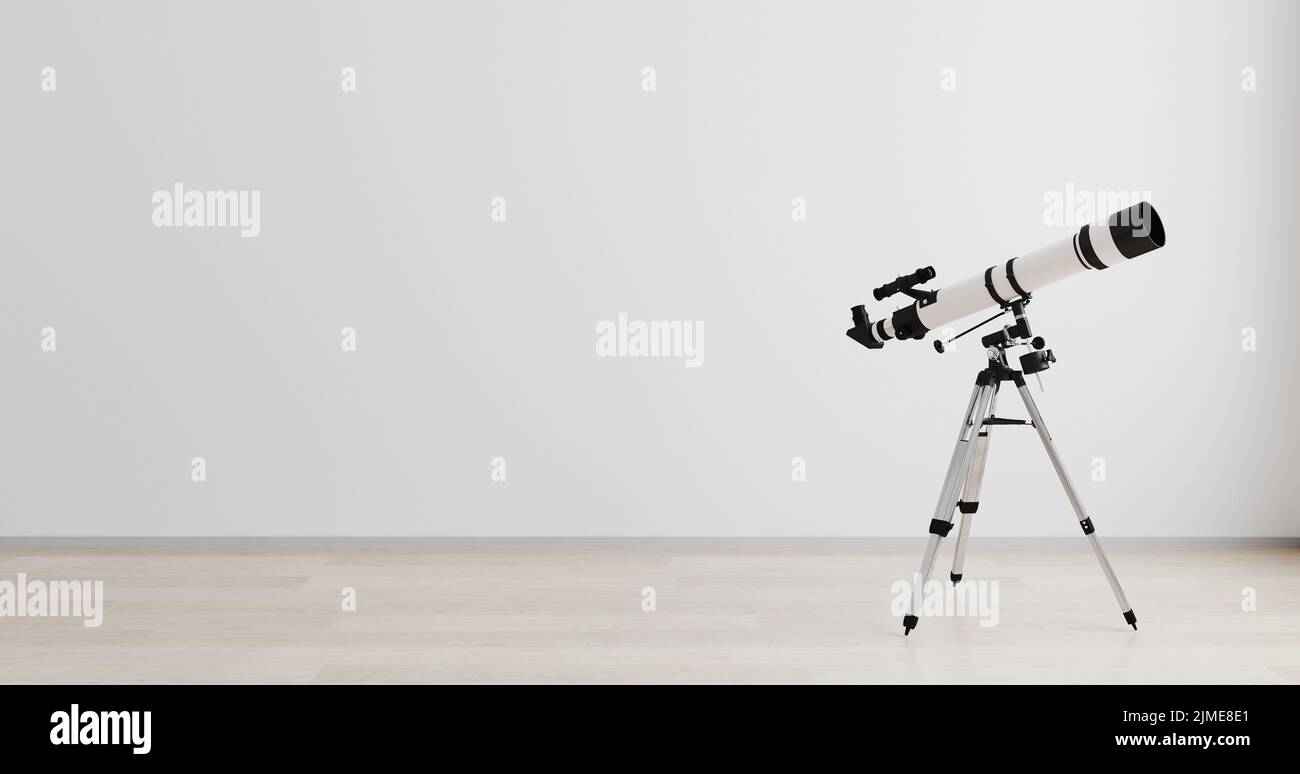 Telescope standing in bright room interior, telescope with white empty ...