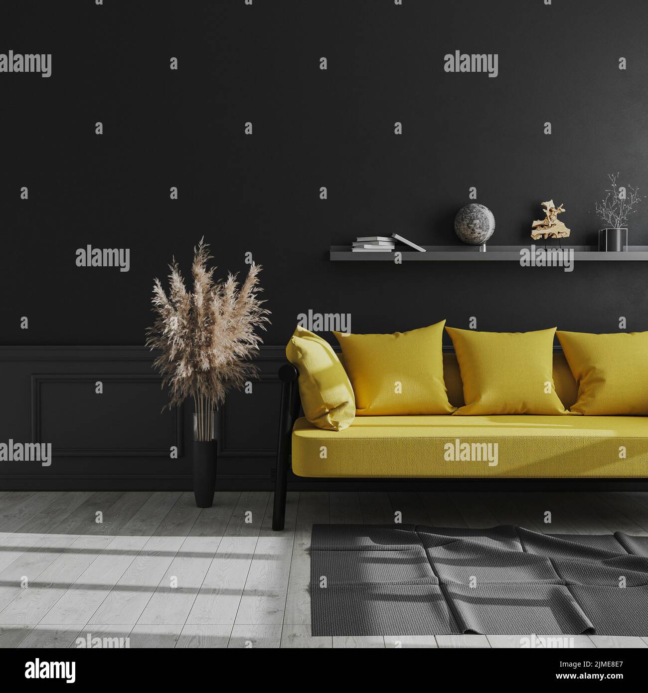 Living room modern interior with black wall, yellow sofa and pampas ...