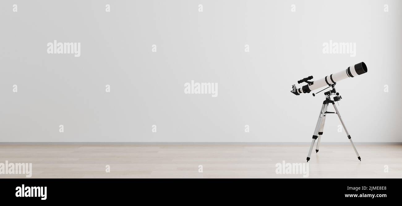 Telescope in bright empty room with white wall, interior background ...