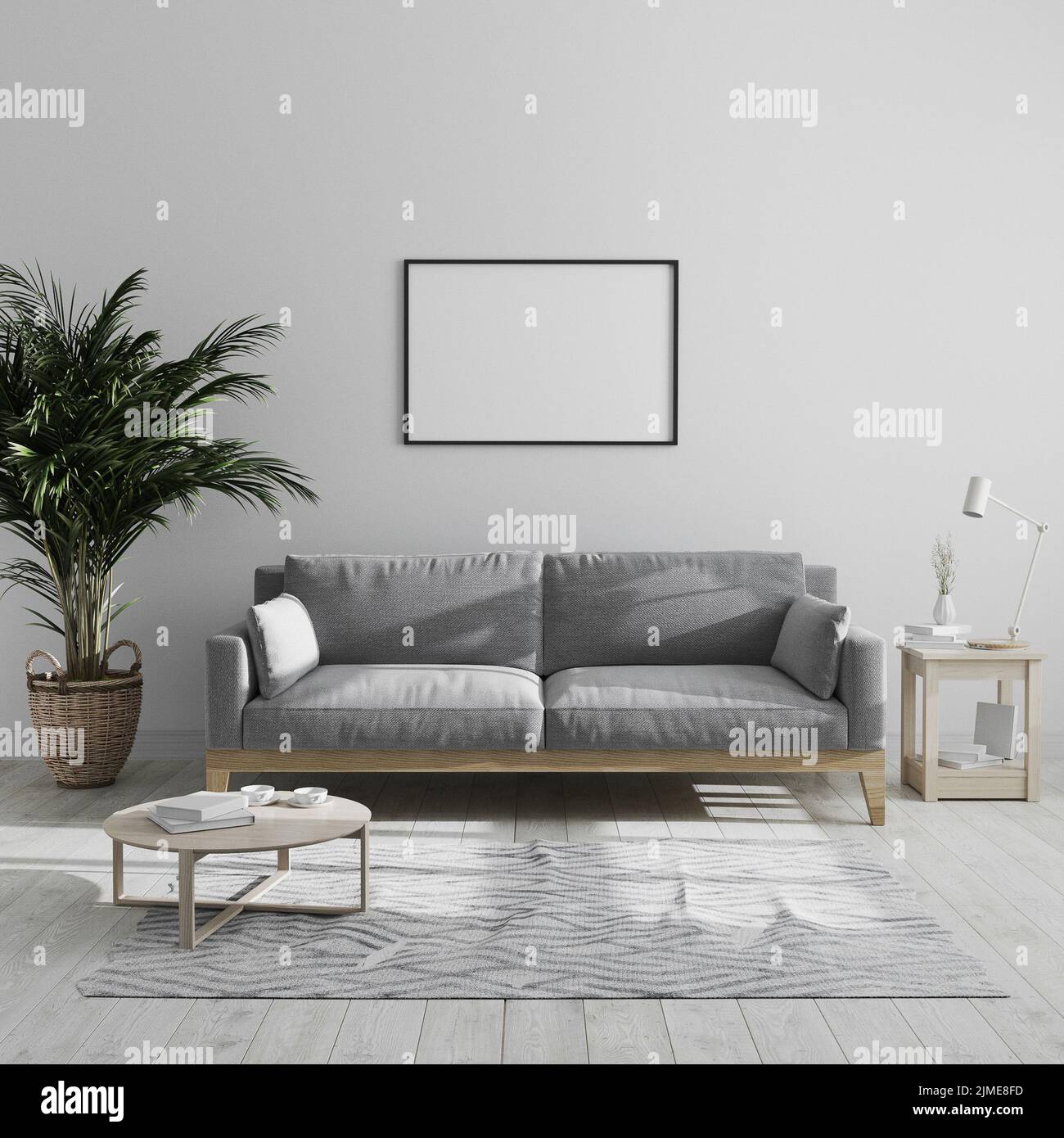 Blank horizontal picture frame mock up in modern minimalist living room ...