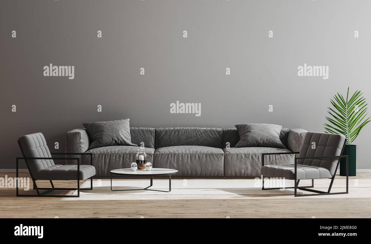 Modern minimalist living room interior mock up with gray sofa ...