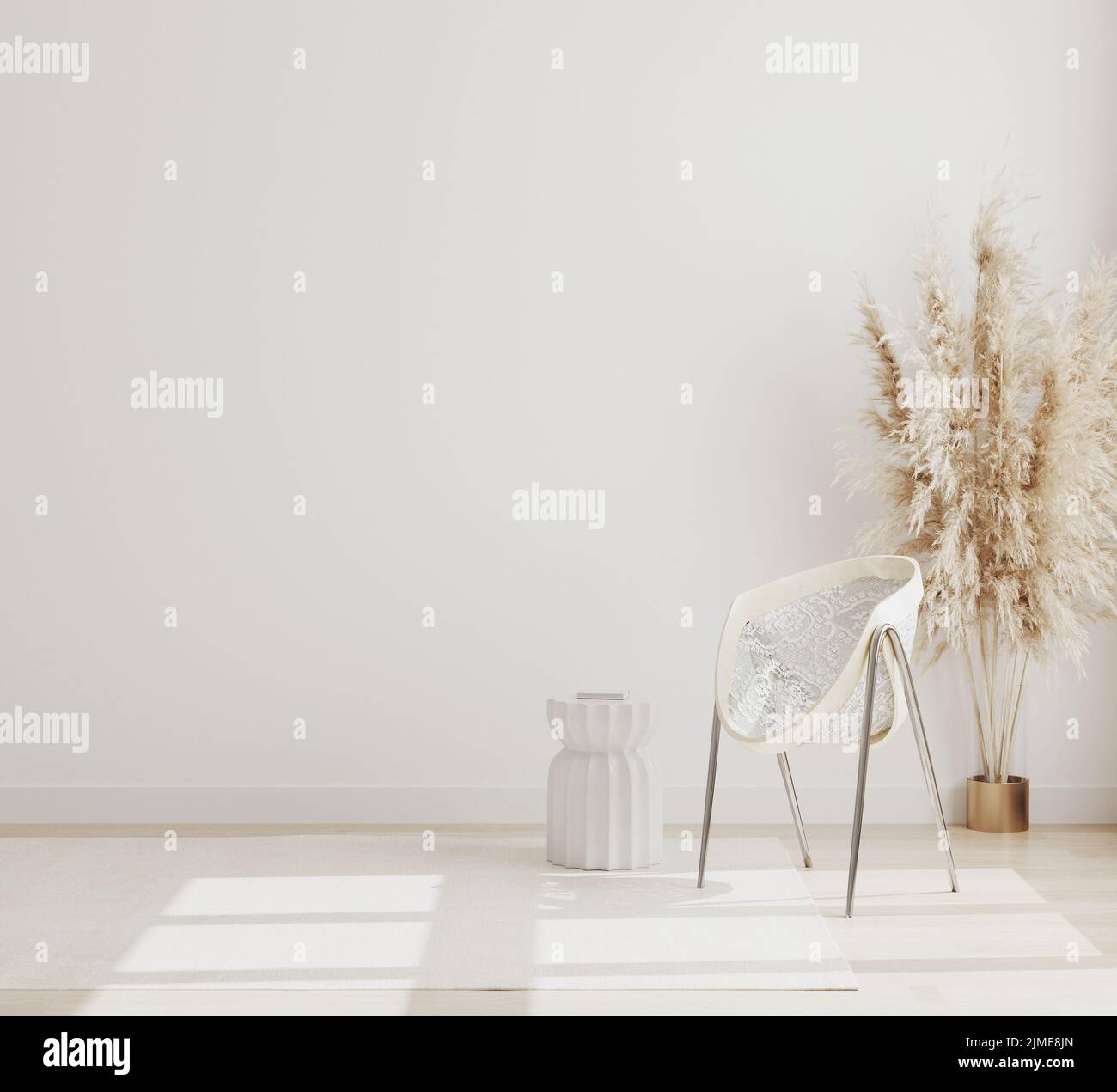 Empty room with a chair, pampas grass, rug and empty white wall, modern ...
