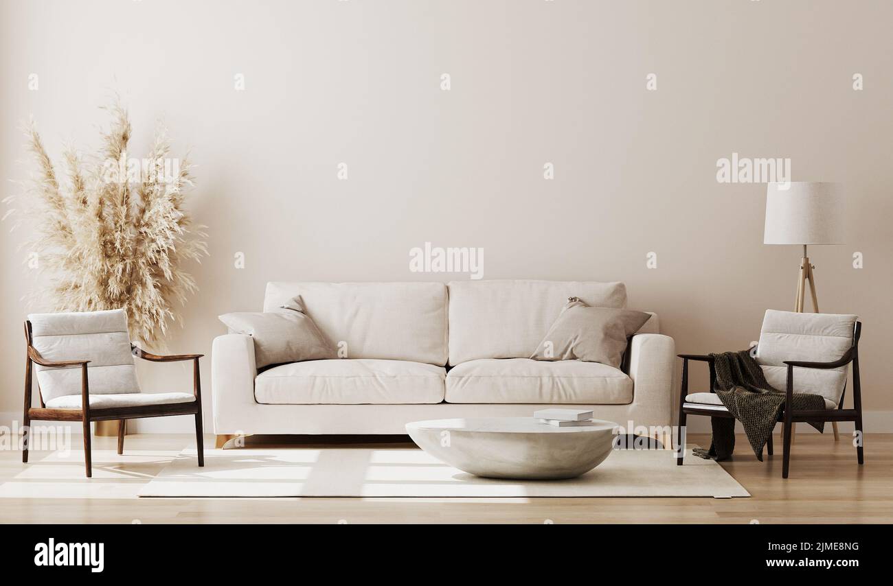 Beige room interior, living room interior mockup, empty beige wall, 3d ...