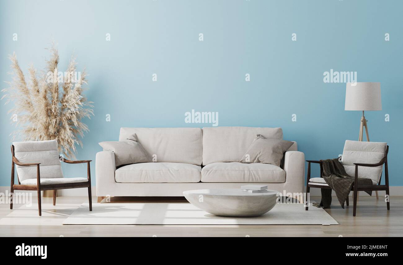 Light blue room interior, living room interior mockup, empty pink wall ...