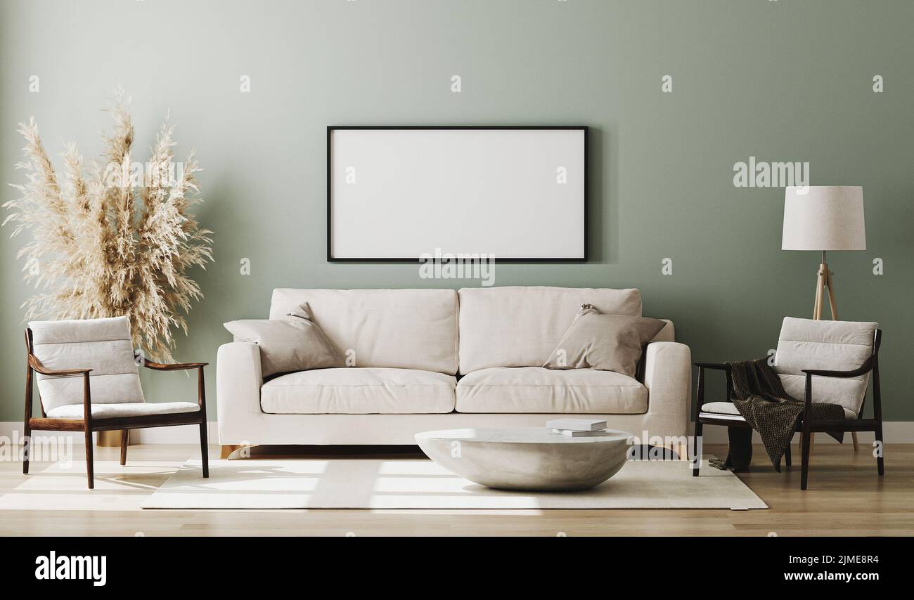 Blank picture frame mock up in pastel green room interior , 3d ...