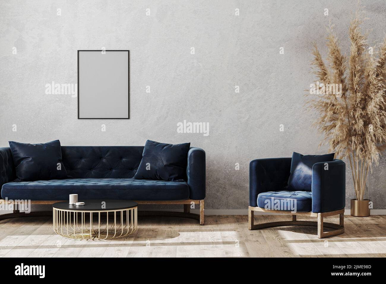 Blank poster frame in modern scandinavian style living room interior ...