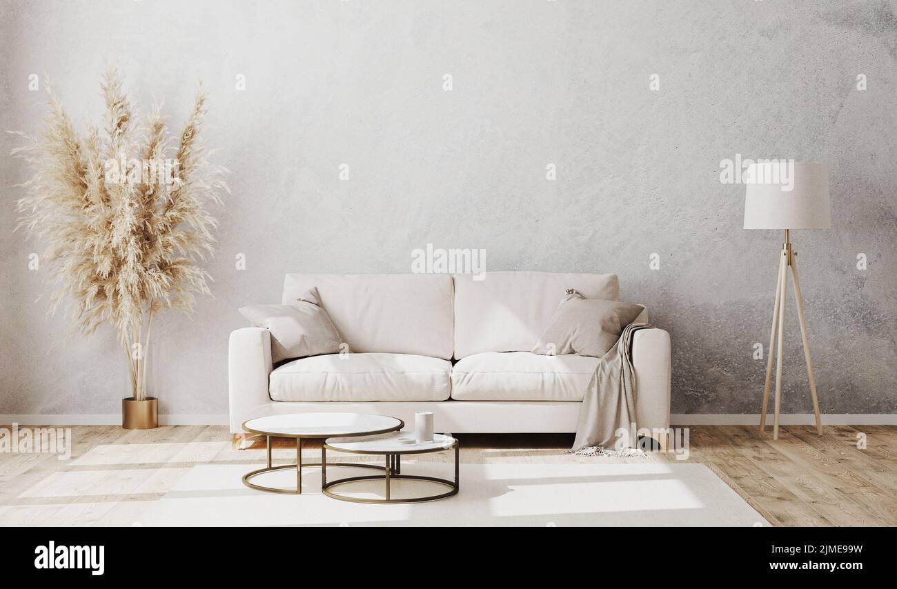 Bright contemporary living room mockup with decorative plaster wall and ...