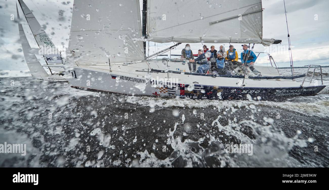 Russia, St. Petersburg, 23 July 2021: Competition of sailboats in regatta at storm weather, race ...
