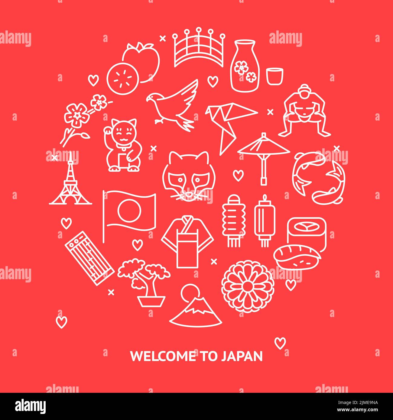 Welcome to Japan round poster. Japanese culture symbols in line style ...