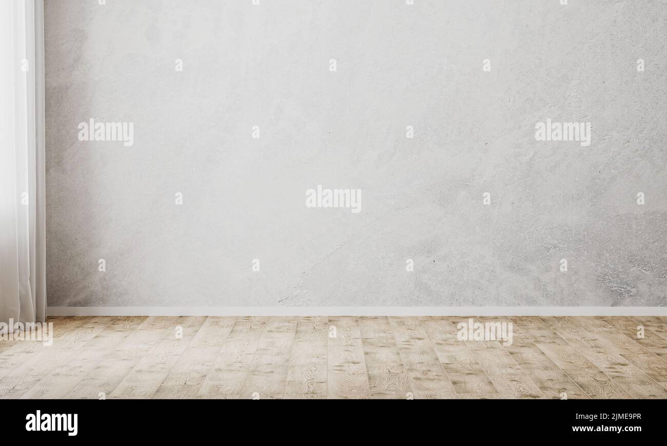 Empty room with gray decorative plaster wall and wooden parquet floor ...