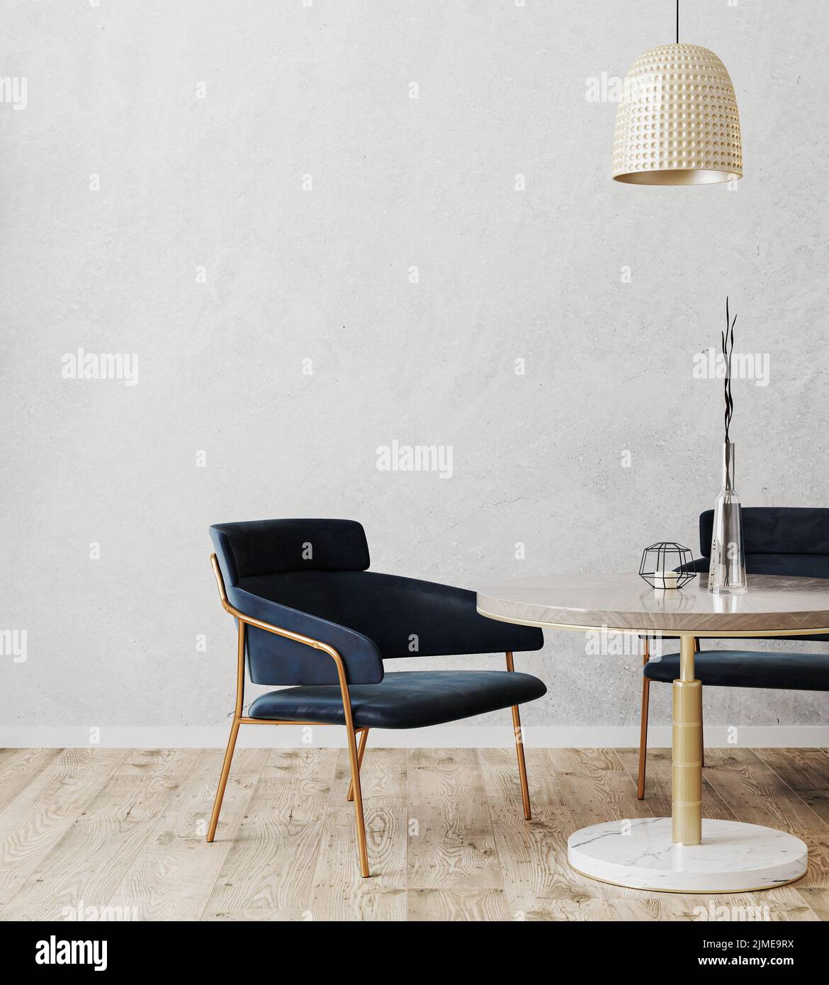 Modern interior design of room with table and dark blue chairs, wooden ...