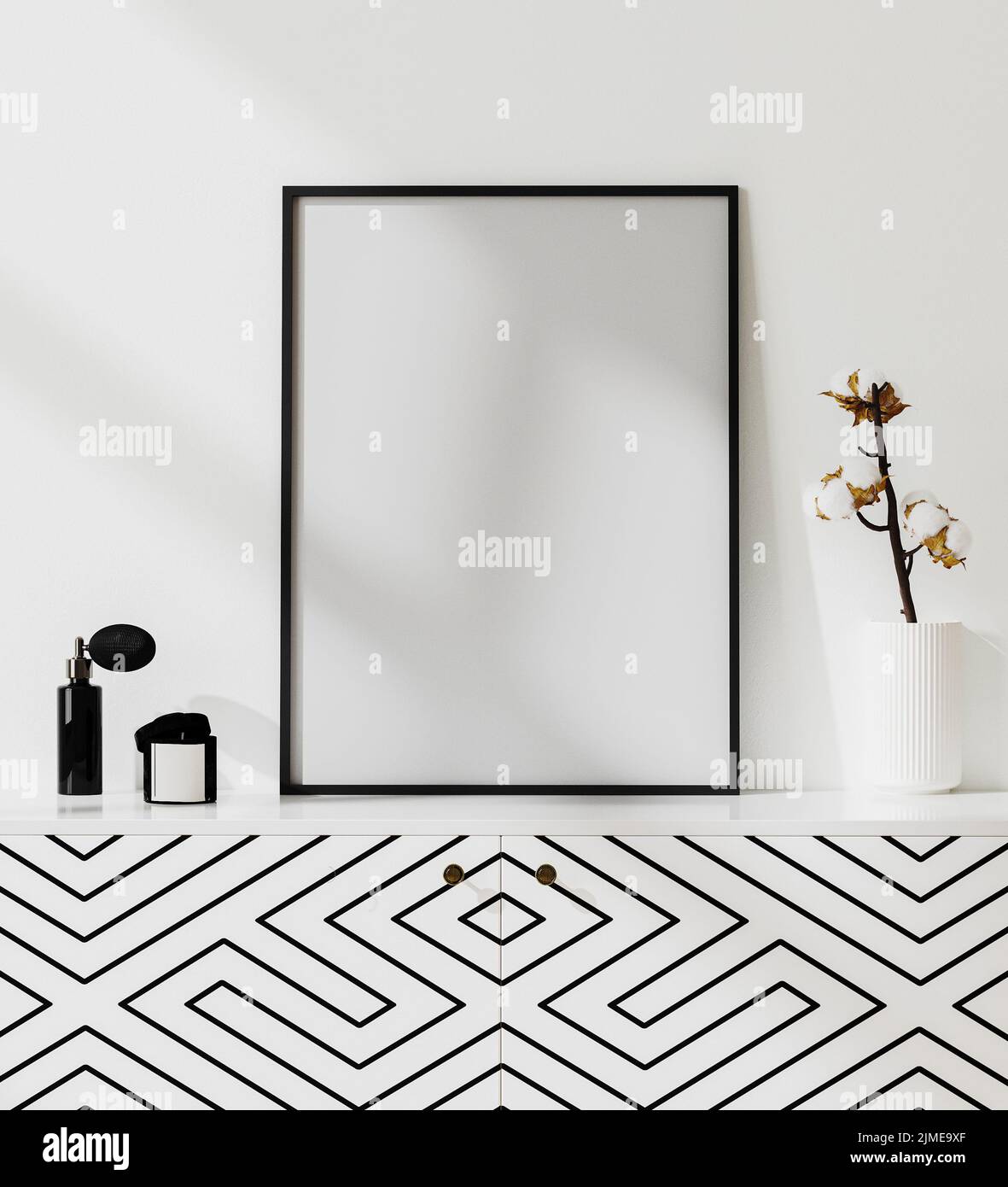 Poster frame mock up in bright modern interior with white wall, parfume ...