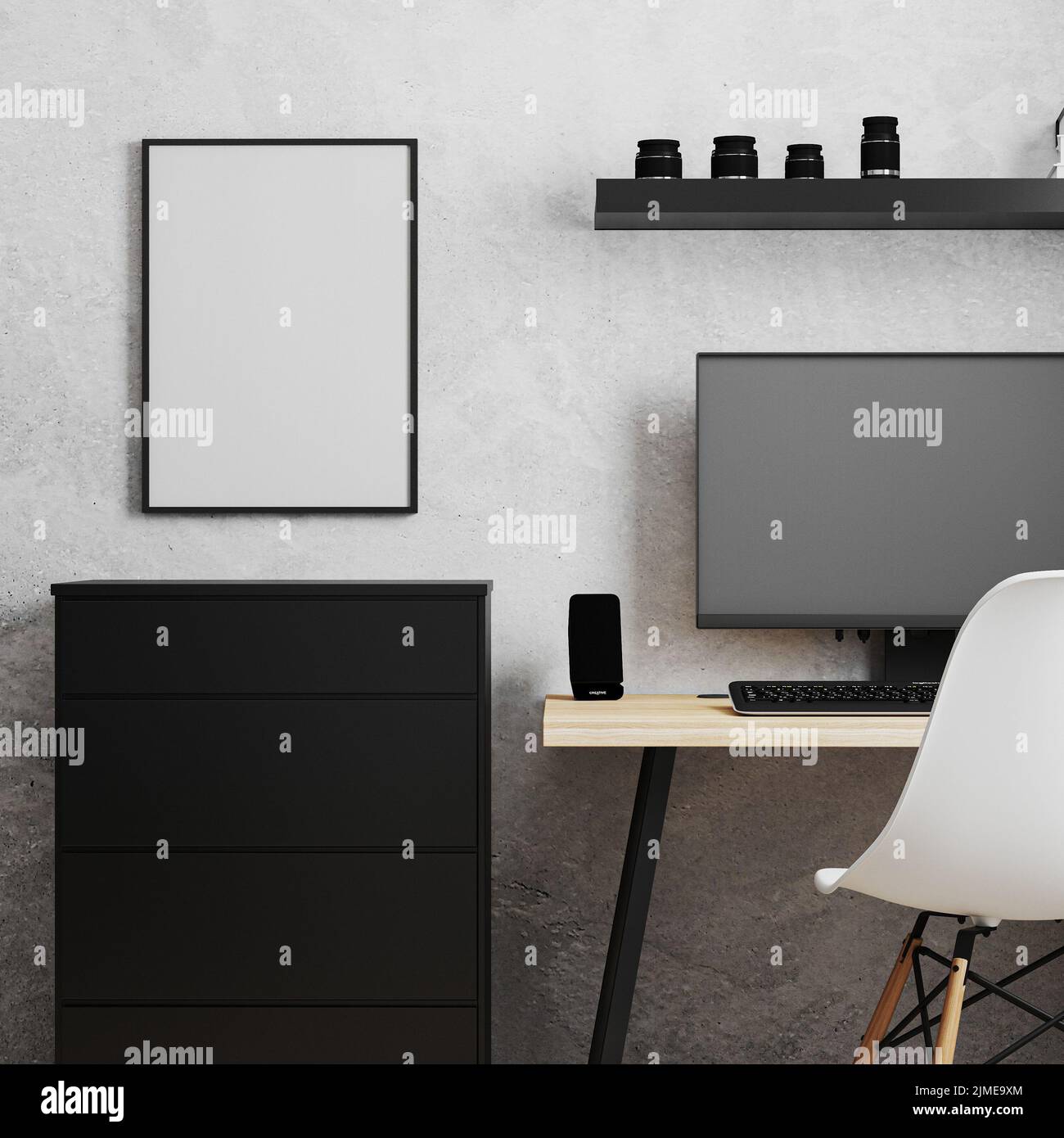 Blank frame near workplace with PC, wooden table and white chair ...