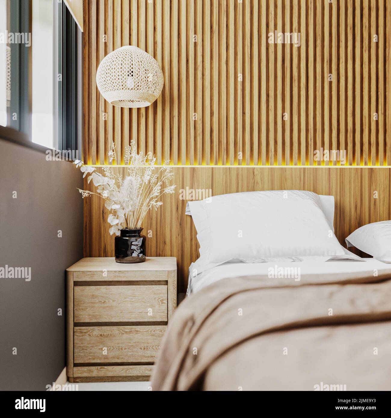 Modern oriental style bedroom interior with wooden panel wall with cove ...