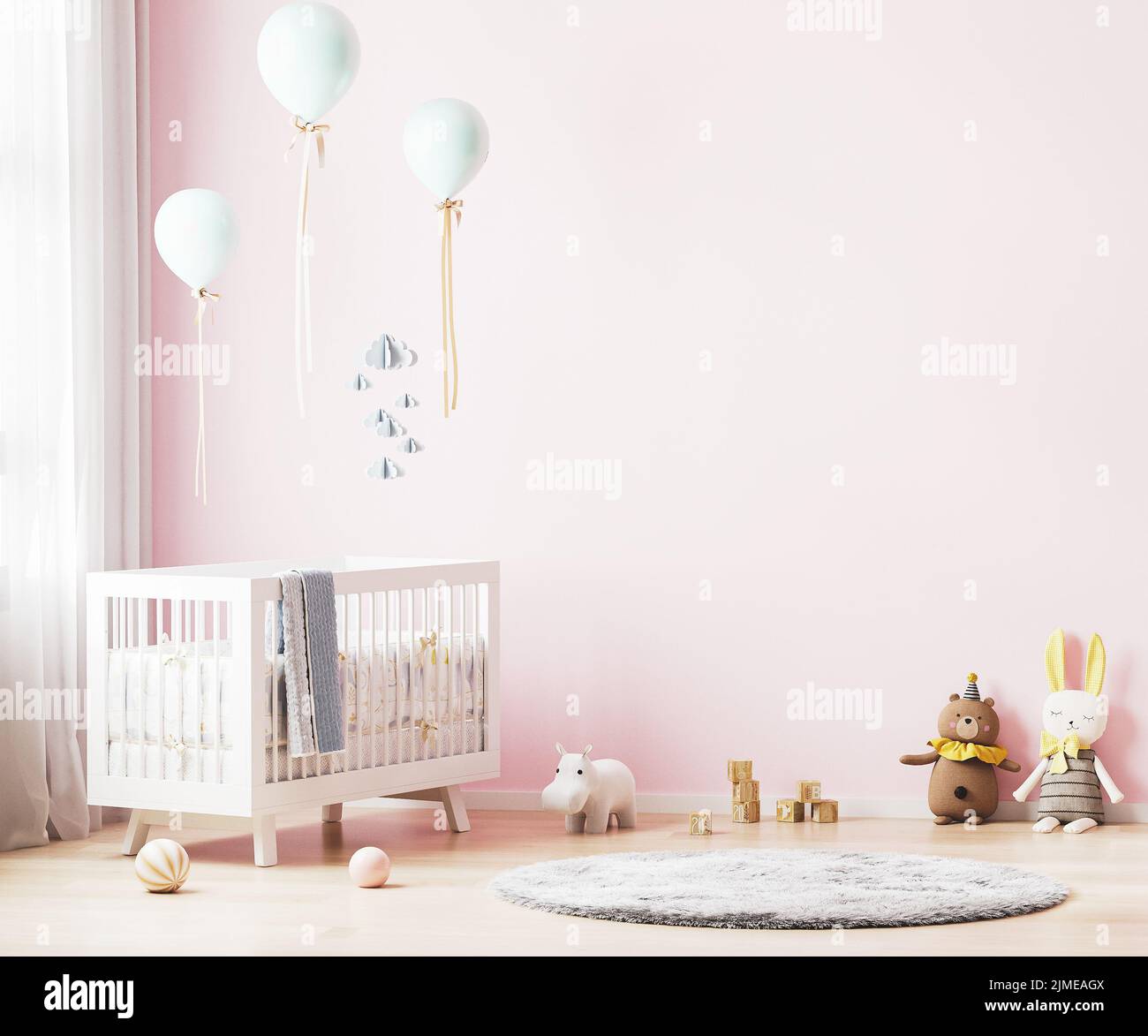 Pink nursery room interior background with baby bedding, toys, balloons ...