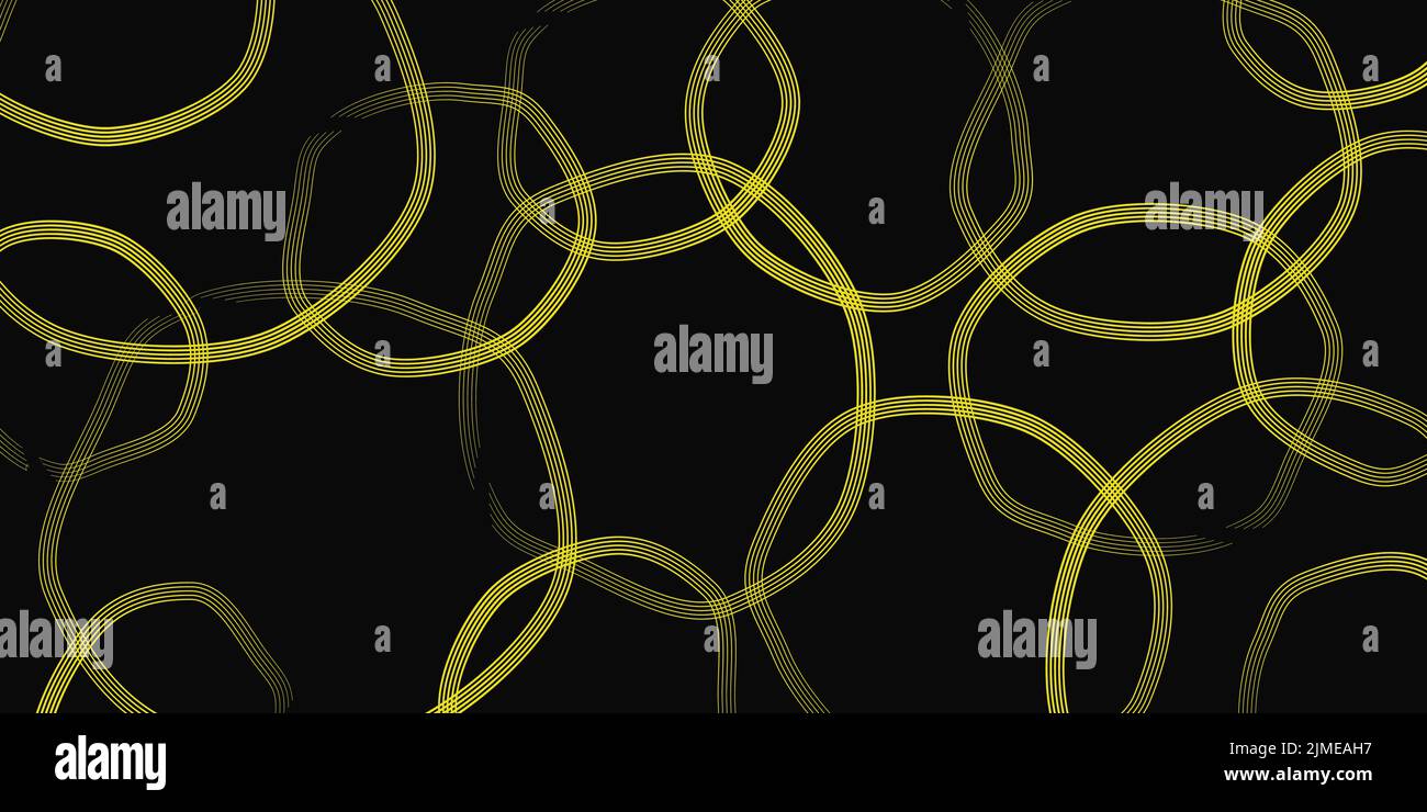 Vector bright yellow neon lines circles on dark backdrop. Abstract ...