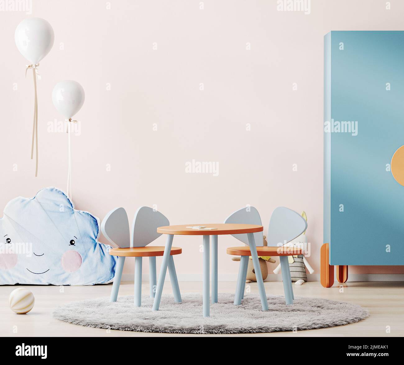 Interior of children room with pink wall, colorful kids table and toys ...