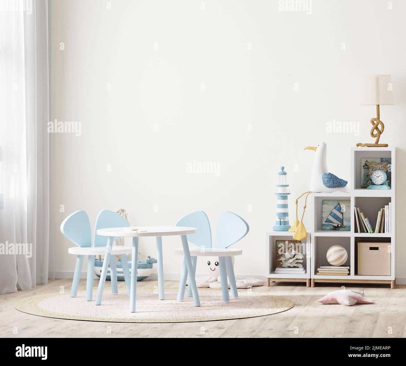 Bright children's room with kids table and shelves near window, kids ...